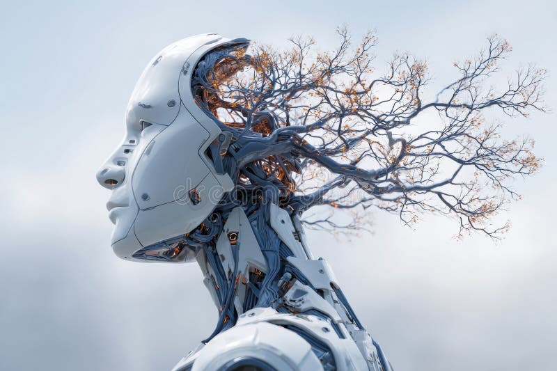 Cyborg Head with Branching Neural Network Emerging from Brain Stock ...