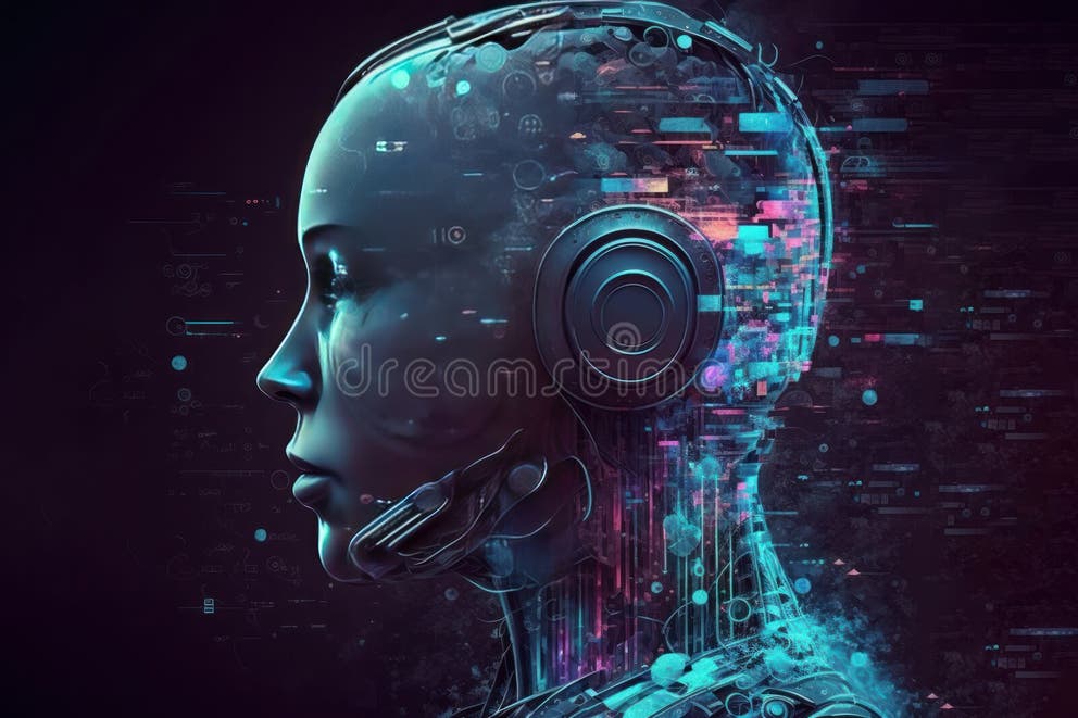 Cyborg Head with Digital Binary Code. Artificial Intelligence Concept Stock Illustration ...