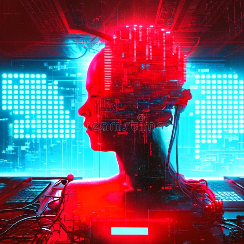 Cyborg Head with Wings and Heart. Vector Illustration in Neon Style ...