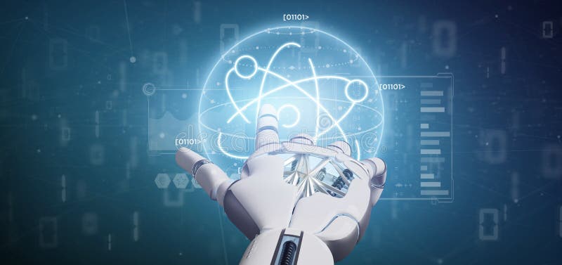 Cyborg Holding an Atom Icon Surrounded by Data Stock Illustration ...