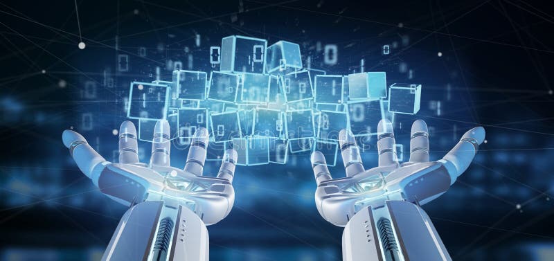 Cyborg Holding A Cloud Of Blockchain Cube And Binary Data 3d Rendering 3488