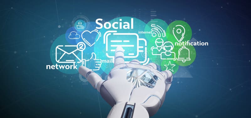 Cyborg Holding a Cloud of Social Media Network Icon Stock Illustration ...