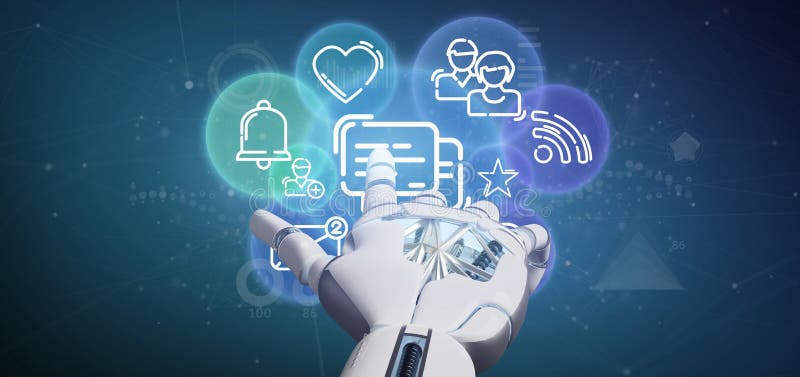 Cyborg Holding a Cloud of Social Media Network Icon Stock Illustration ...