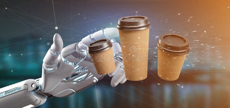 Cyborg Holding a Group of Cardbox Coffee Cup with Connection 3d Stock ...