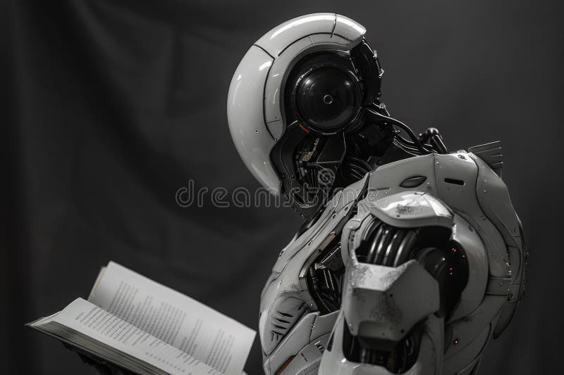 Cyborg Humanoid Reading a Book, Training Artificial Intelligence. Copy ...