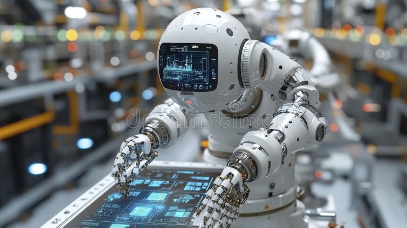 Cyborg Interacting with Digital Diagrams and Panels Stock Illustration ...