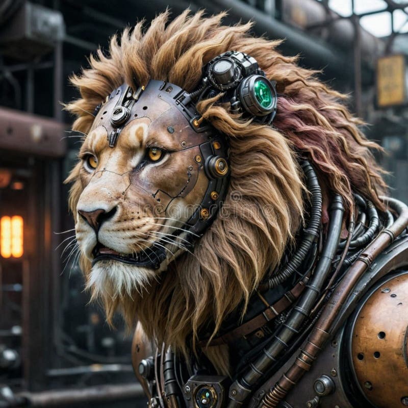 A Cyborg Lion in Steampunk Style. Artificial Intelligence. Stock ...