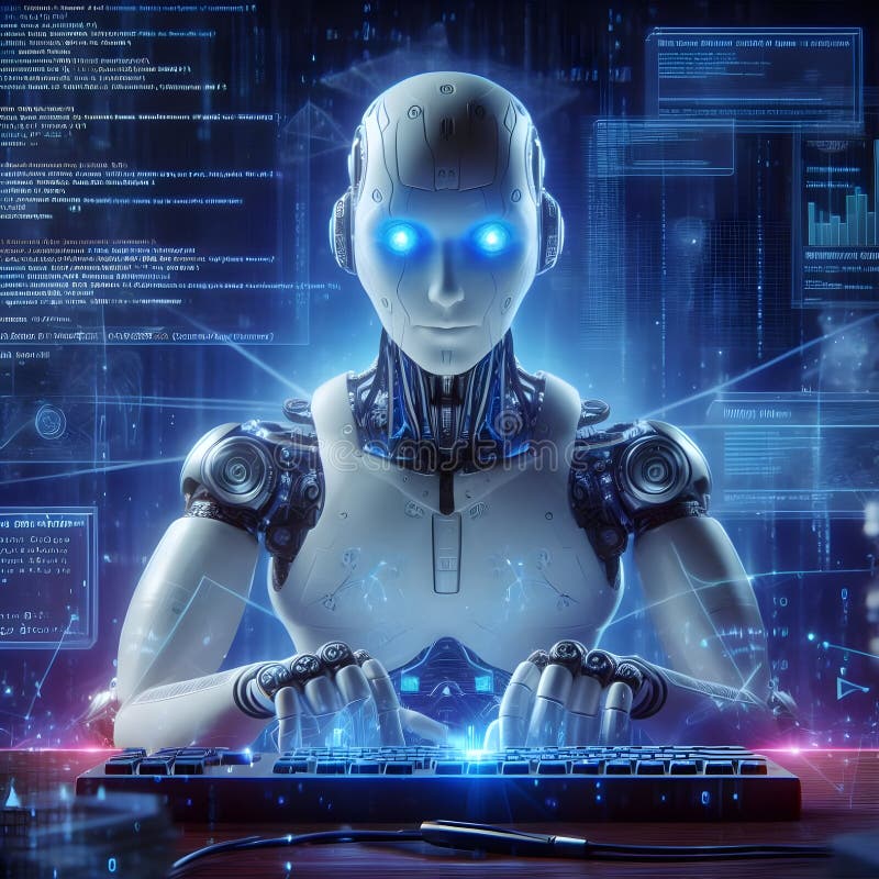 Cyborg Man Working with Laptop on Dark Background. 3D Rendering Stock ...
