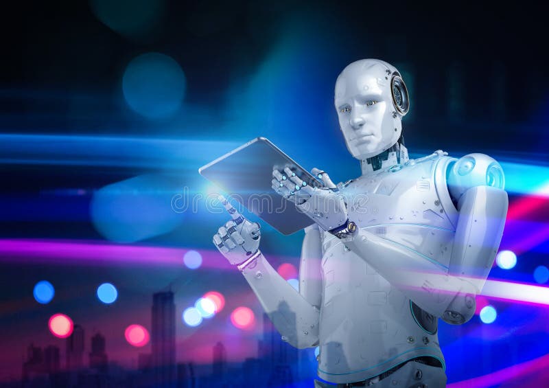 Cyborg mit Tablette stock abbildung. Illustration von humanoiden ...