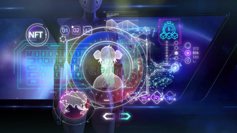 Cyborg and NFT Virtual Panel, 3D Render. Stock Footage - Video of ...
