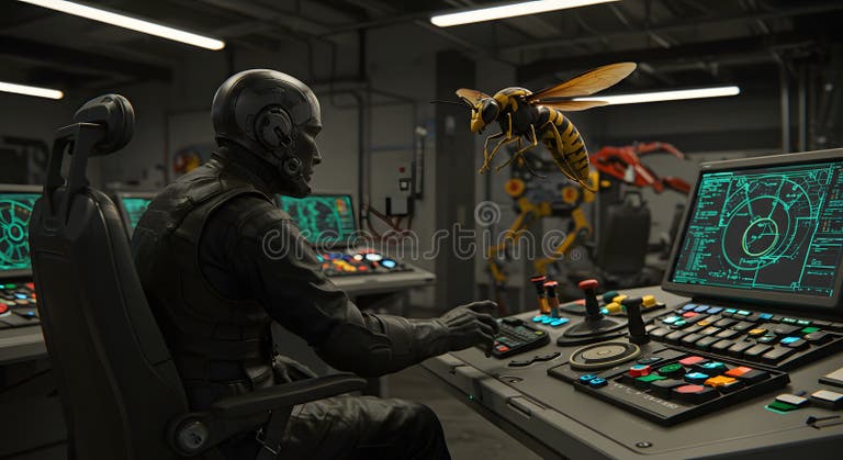 A Futuristic Control Room: Cyborg Operator Monitors a Giant Wasp with ...