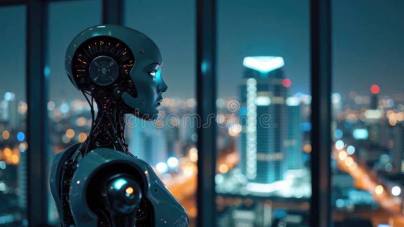 Cyborg Overlooking Futuristic Cityscape with Illuminated Buildings at ...