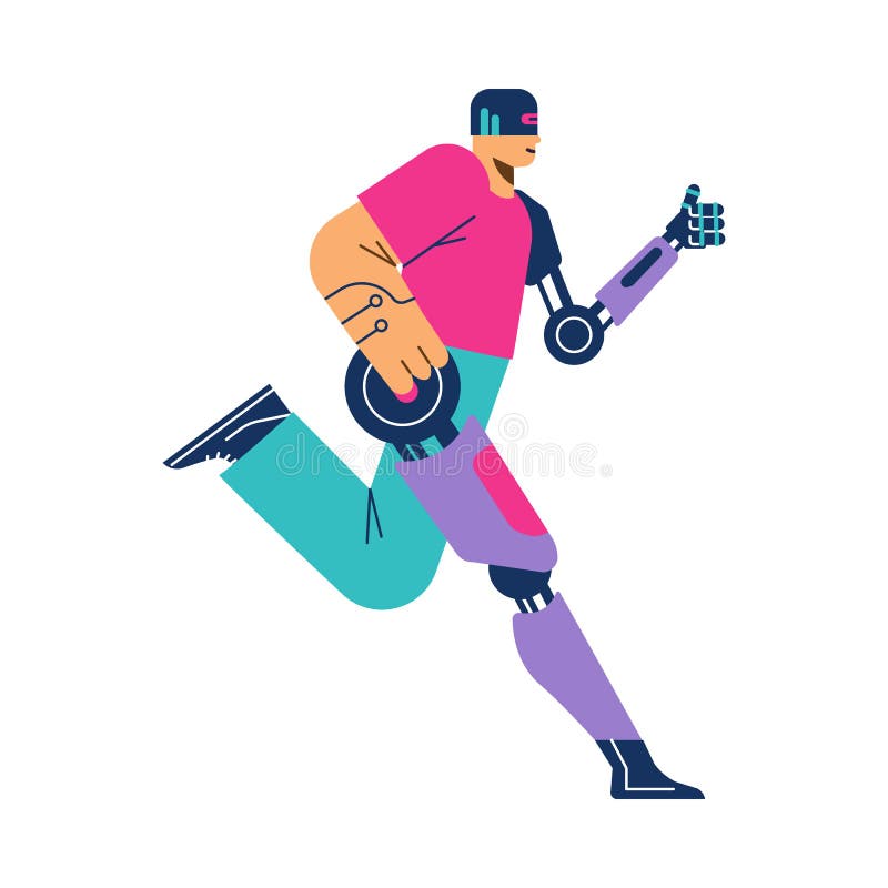 Human with Robotic Body, Male Cyborg Walking - Flat Vector Illustration ...