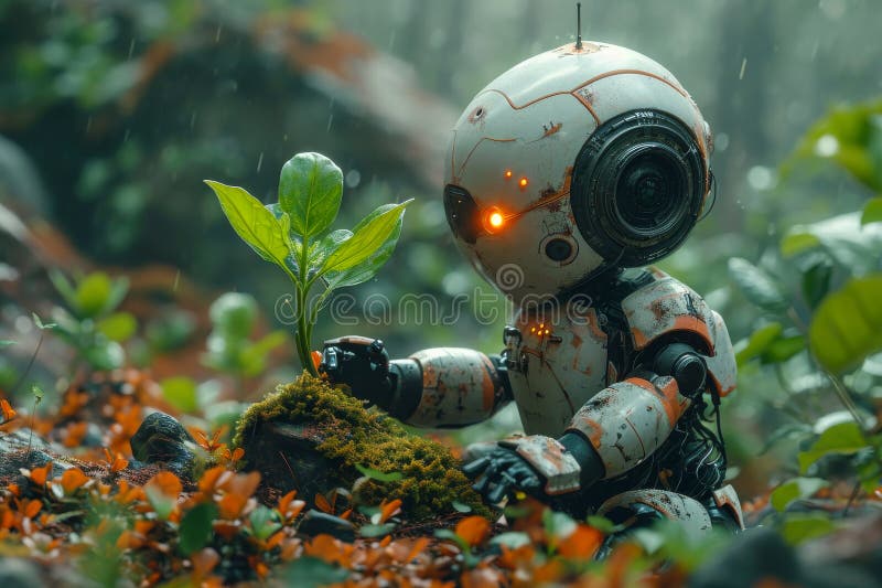 Cyborg and Plant in Forest. a Robot Looking at the Green Sprout Stock ...