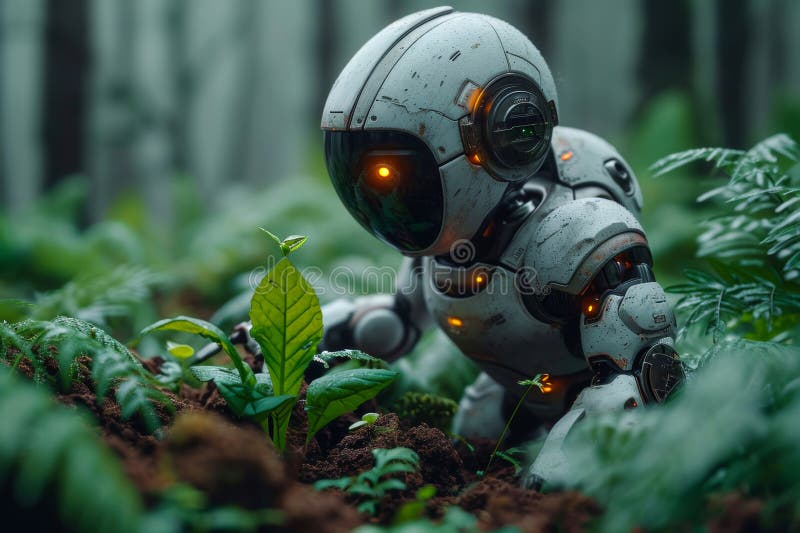 Cyborg Planting Tree on Forest Stock Photo - Image of science, model ...