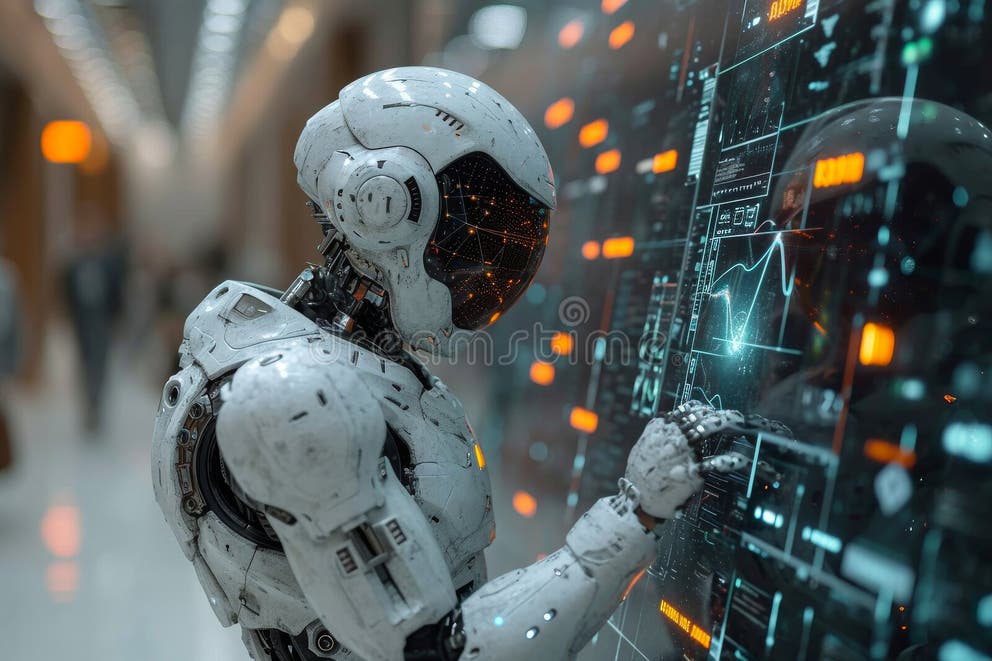 Cyborg Presses the Keys on the Virtual Screen. Concept of the Future ...