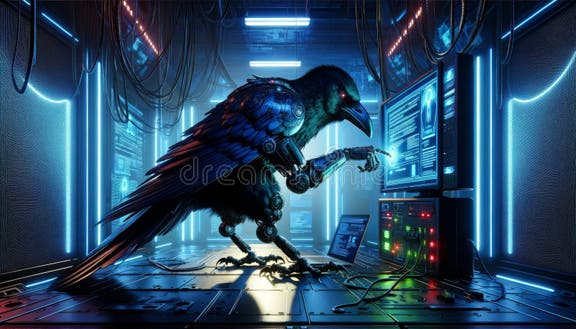 Cyborg Raven Hacking in a Sci-Fi Facility Stock Illustration ...