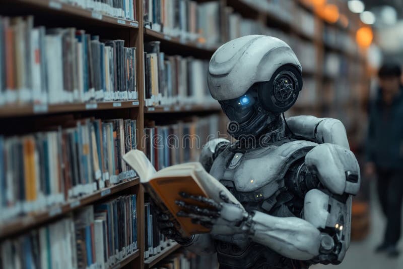 Cyborg Reading Book in Library Robot Standing in Front of Shelf with ...