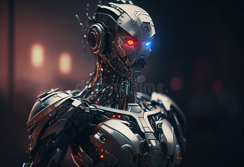 Cyborg with Red Light on Dark Background. 3D Rendering Stock ...