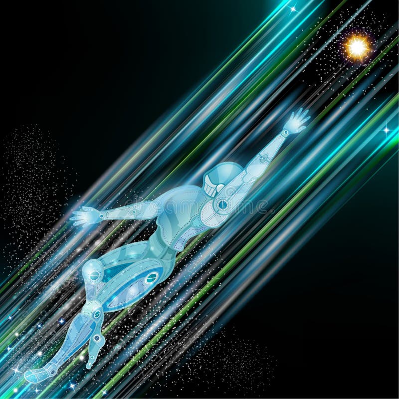 Cyborg Robot Flying with Light Trails and Motion Blur on Space ...