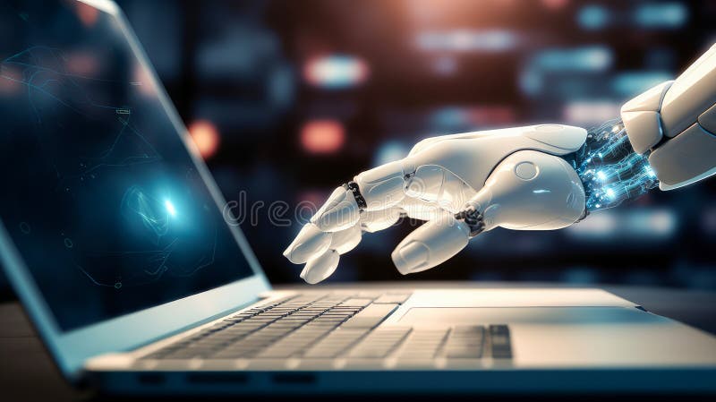Cyborg Robot Hand Businessman on Laptop Keyboard Stock Photo - Image of ...