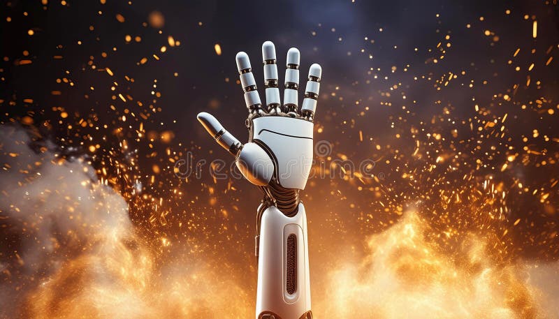 Cyborg, Robot Hand Raise with Smoke Fire Effect, Robot Reaching Hand ...