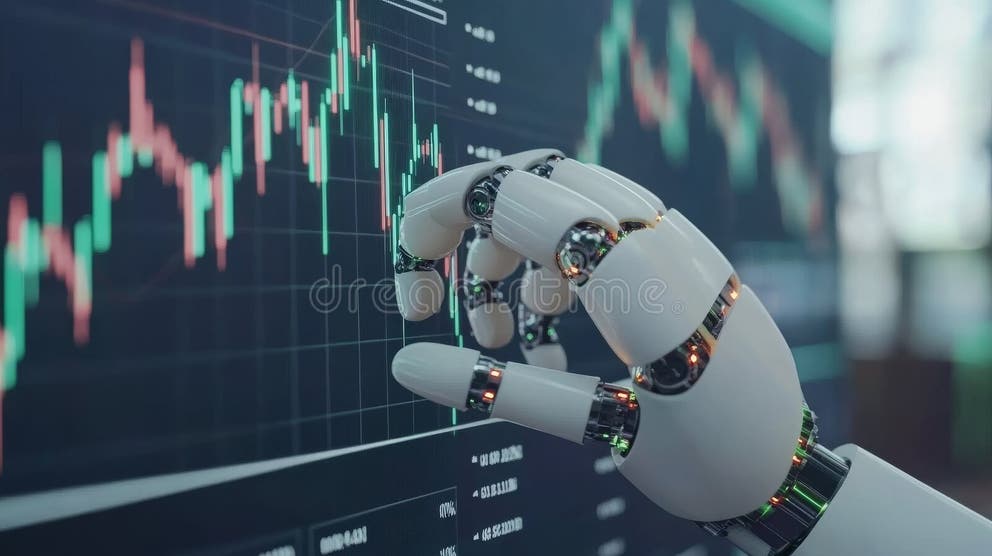 With a Cyborg or Robot Hand Tapping on a Chart of Forex Stock Exchange ...