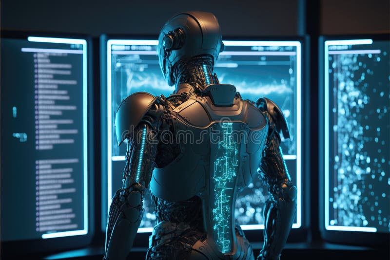 Cyborg Robot Looks at Control Panel of Security System, View from the ...