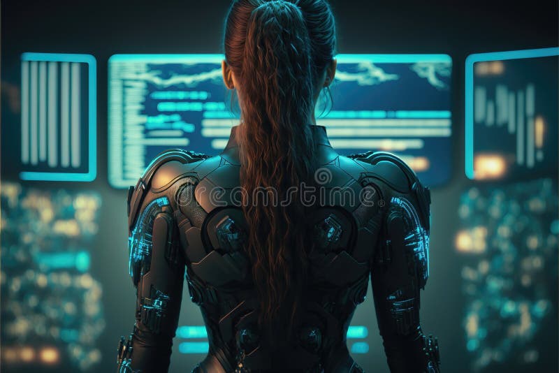 Cyborg Robot Looks at Control Panel of Security System, View from the ...