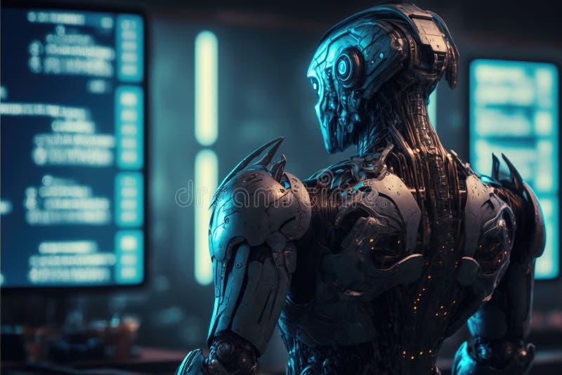 Cyborg Robot Looks at Control Panel of Security System, View from the ...