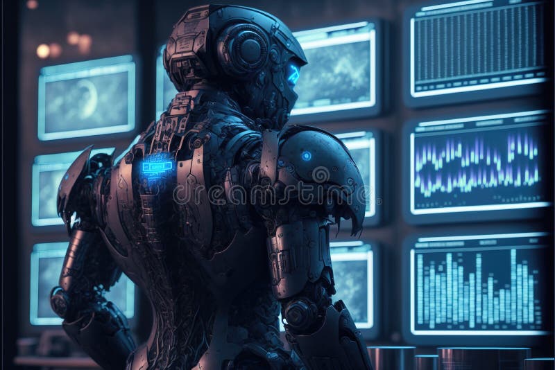 Cyborg Robot Looks at Control Panel of Security System, View from the ...