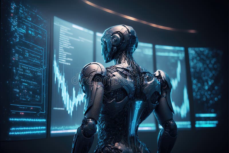 Cyborg Robot Looks at Control Panel of Security System, View from the ...