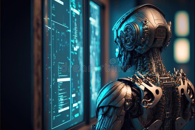 Cyborg Robot Looks at Control Panel of Security System, View from the ...