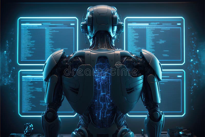 Cyborg Robot Looks at Control Panel of Security System, View from the ...