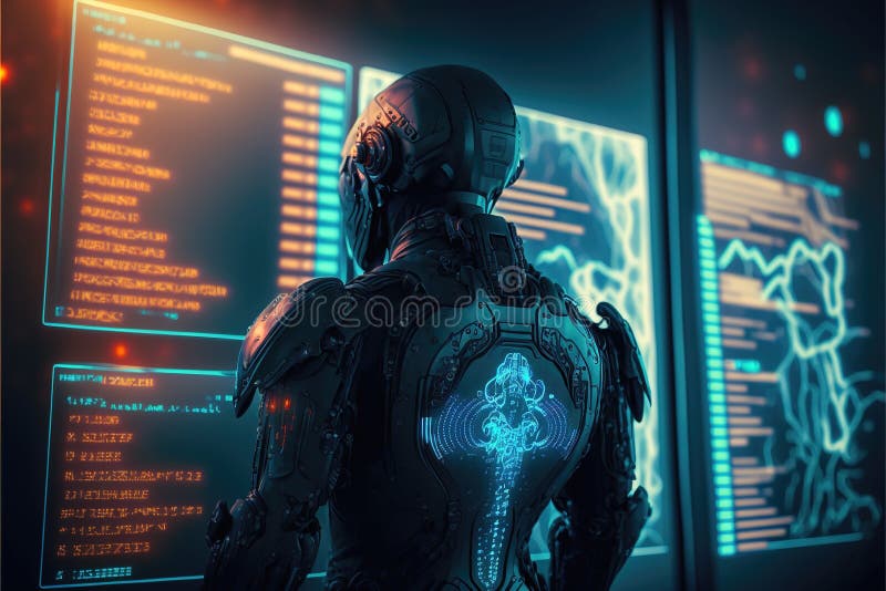 Cyborg Robot Looks at Control Panel of Security System, View from the ...