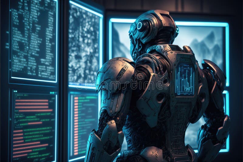 Cyborg Robot Looks at Control Panel of Security System, View from the ...