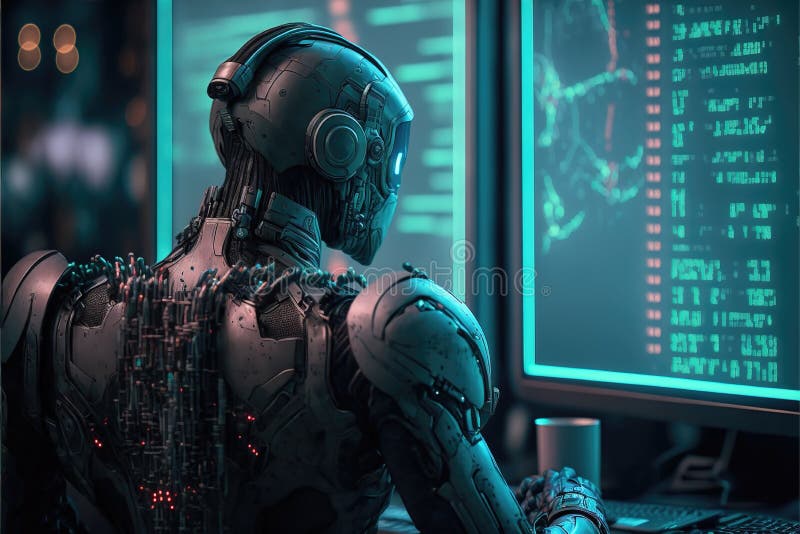 Cyborg Robot Looks at Control Panel of Security System, View from the ...