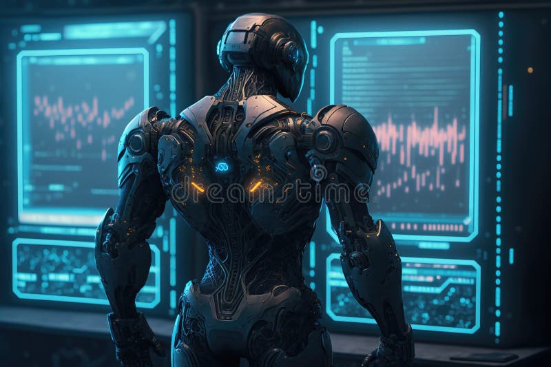 Cyborg Robot Looks at Control Panel of Security System, View from the ...