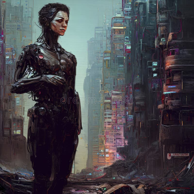 Cyborg Robot In A Dystopian City Post Apocalyptic Cyberpunk Generative Ai Stock Illustration