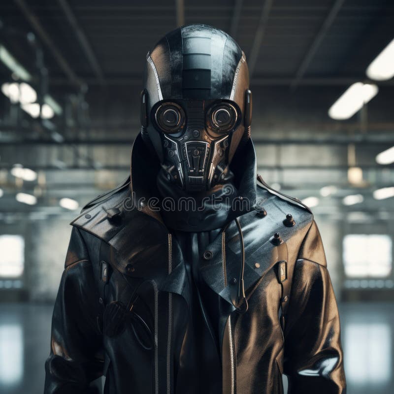 Cyborg Robot Wearing a Future Punk Mask, Leather Coat and Helmet Stock ...