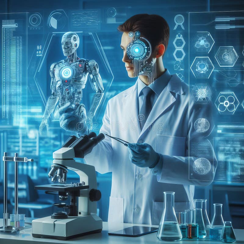Cyborg Scientist with Laboratory Equipment Integration, Data an Stock Illustration ...