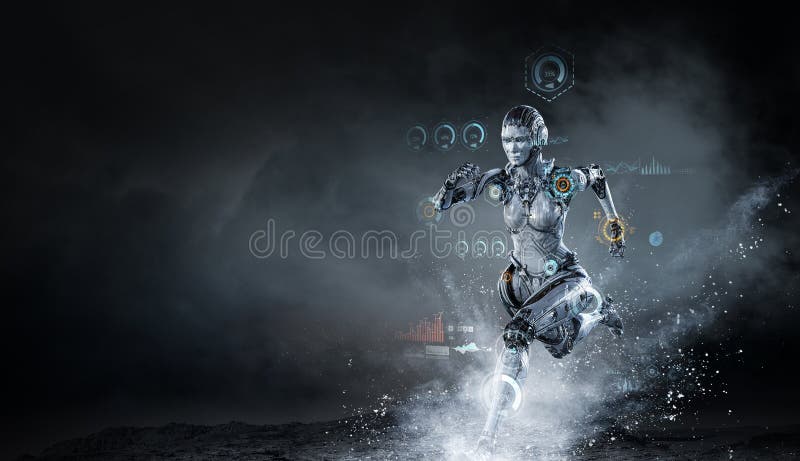 Cyborg Silver Running Woman. Mixed Media Stock Image - Image of fantasy ...