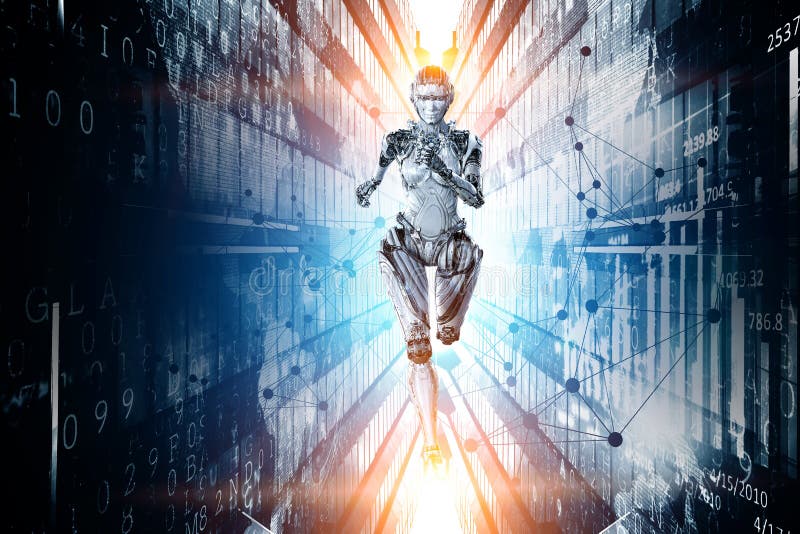 Cyborg Silver Running Woman. Mixed Media Stock Image - Image of ...