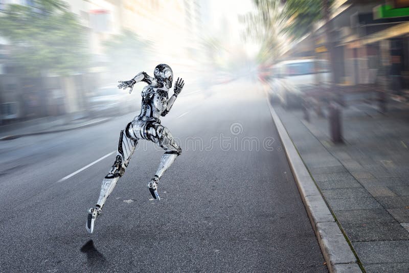 Cyborg Silver Running Woman. Mixed Media Stock Image - Image of ...