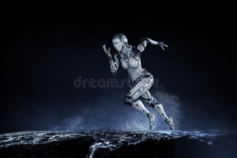 Cyborg Silver Running Woman. Mixed Media Stock Photo - Image of model ...
