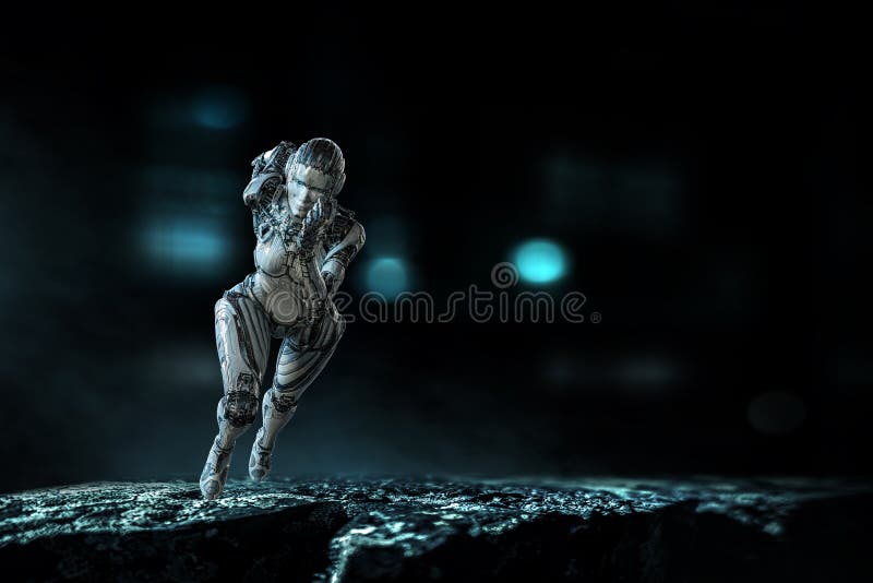 Cyborg Silver Running Woman. Mixed Media Stock Illustration ...