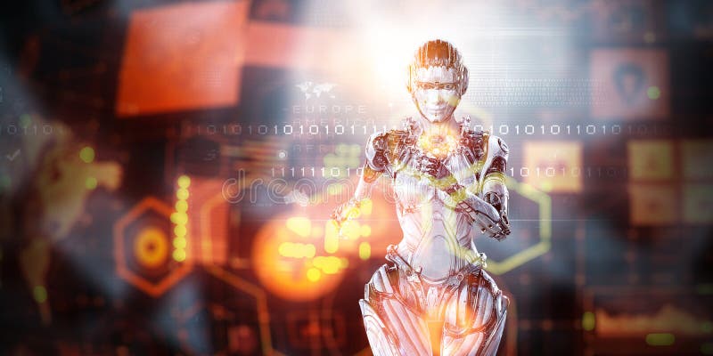 Cyborg Silver Running Woman. Mixed Media Stock Photo - Image of concept ...