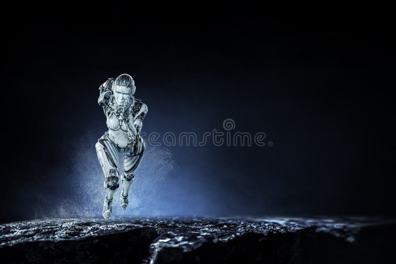 Cyborg Silver Running Woman. Mixed Media Stock Photo - Image of people ...