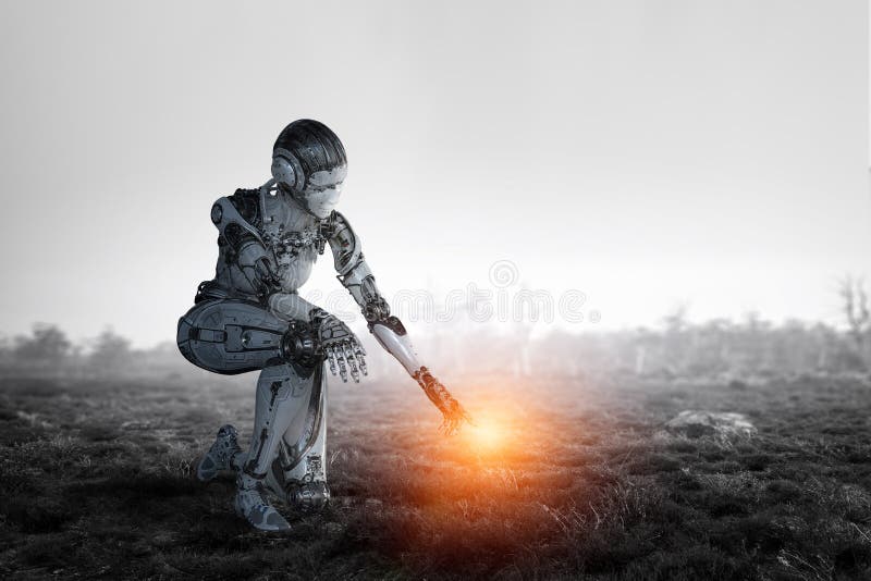 Cyborg Silver Woman Sitting on One Knee and Smiling Stock Image - Image ...
