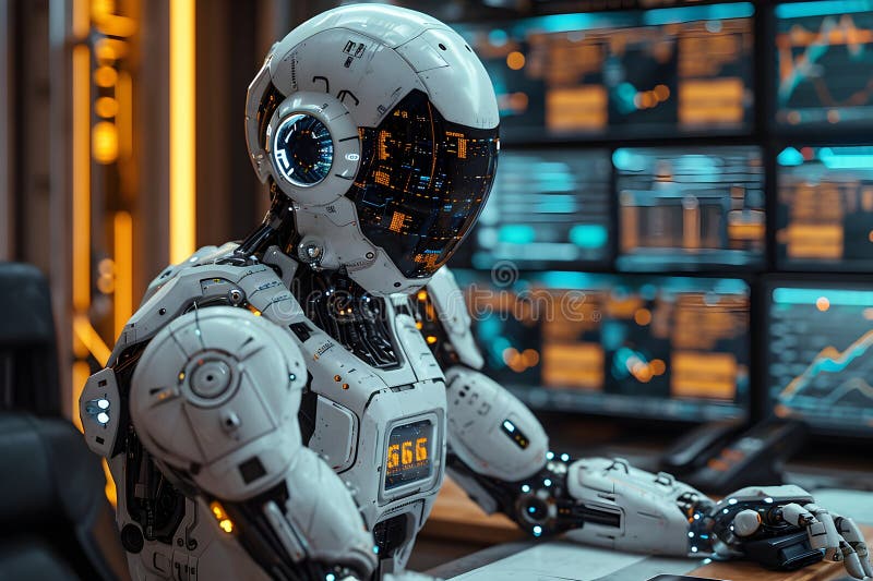 A Cyborg Sits at a Desk in a High-tech Luxurious Office. Background is ...